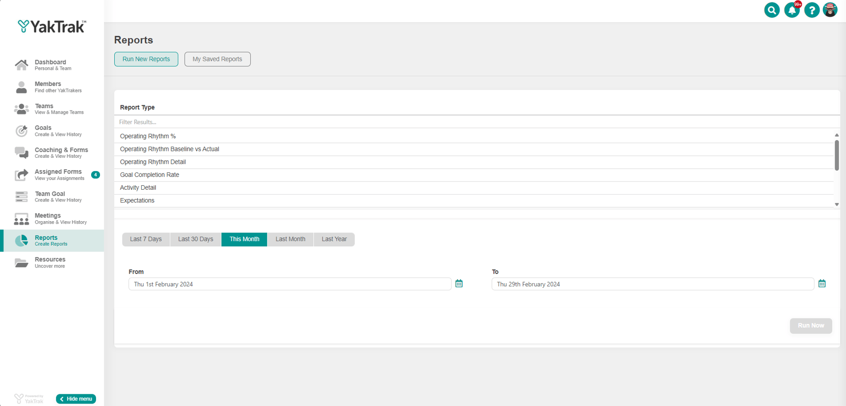 How do I run an Operating Rhythm % Report?